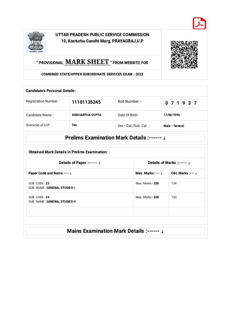 UPPSC 2023 Provisional Mark Sheet | PDF