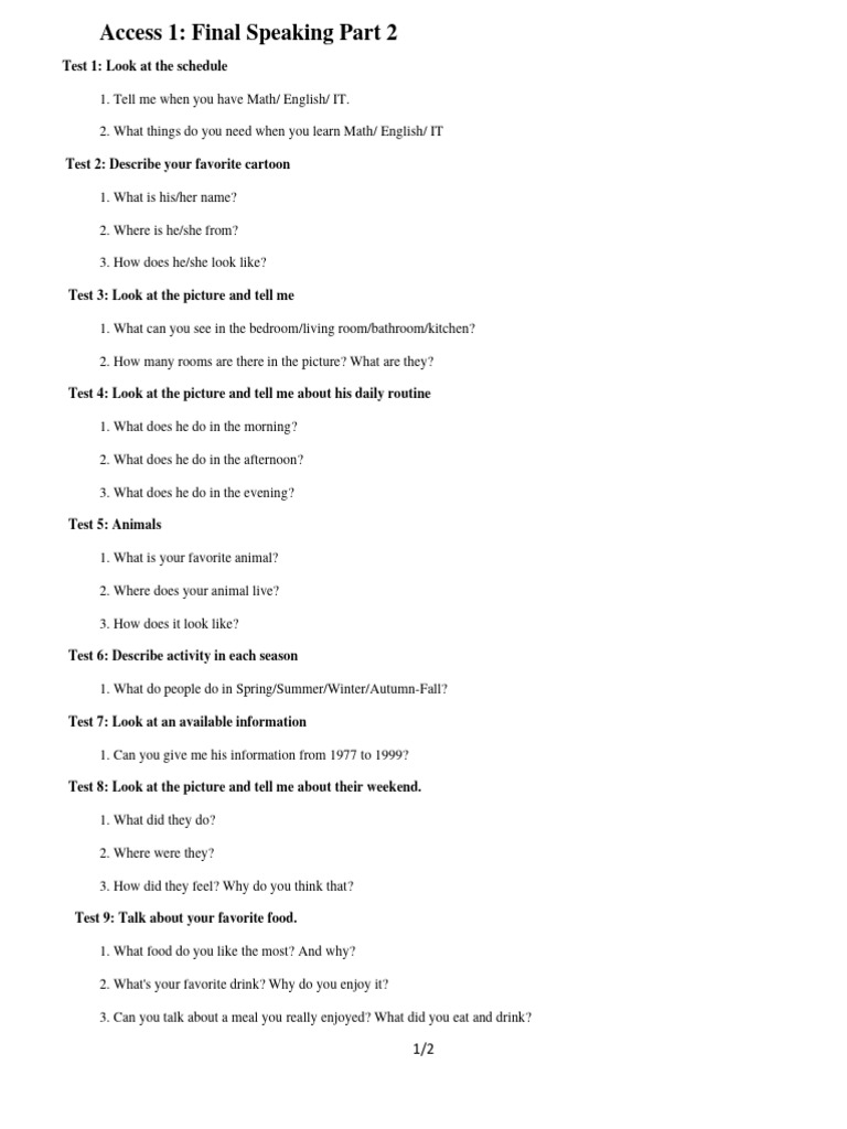 Access 1 Test Speaking Part 2 | PDF