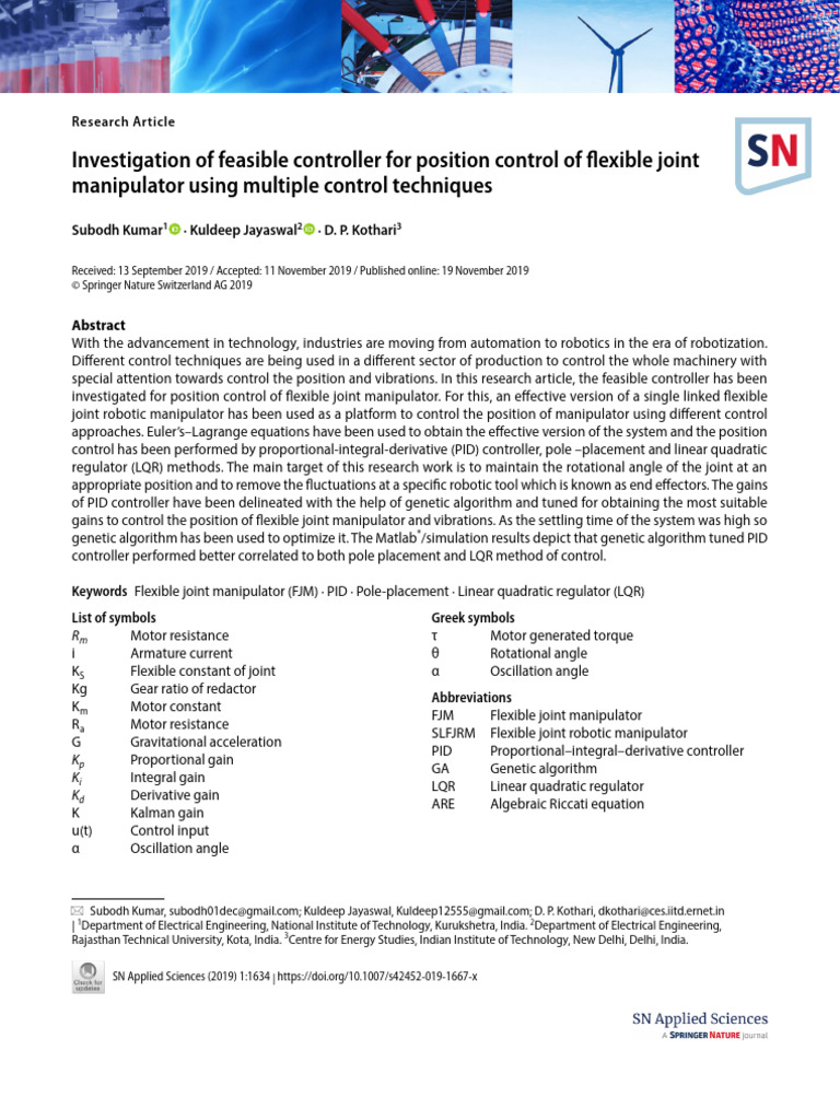 Investigation of Feasible Controller For Position Control of Flexible Joint Manipulator Using ...