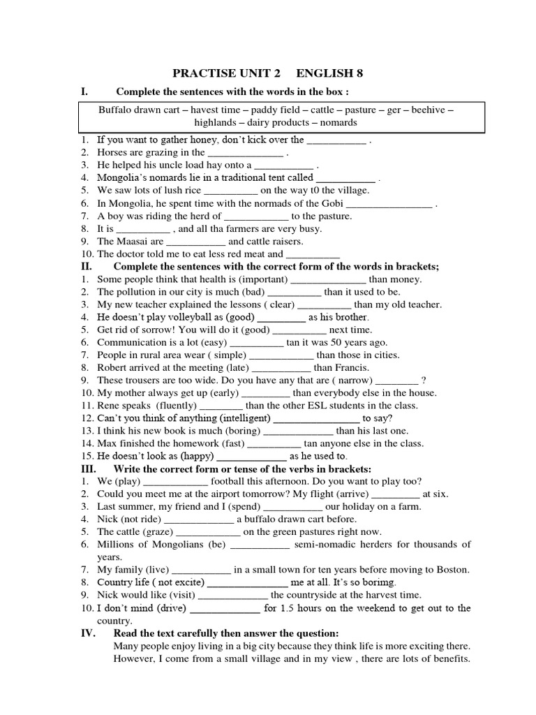 Practise Unit 2 English 8 | PDF