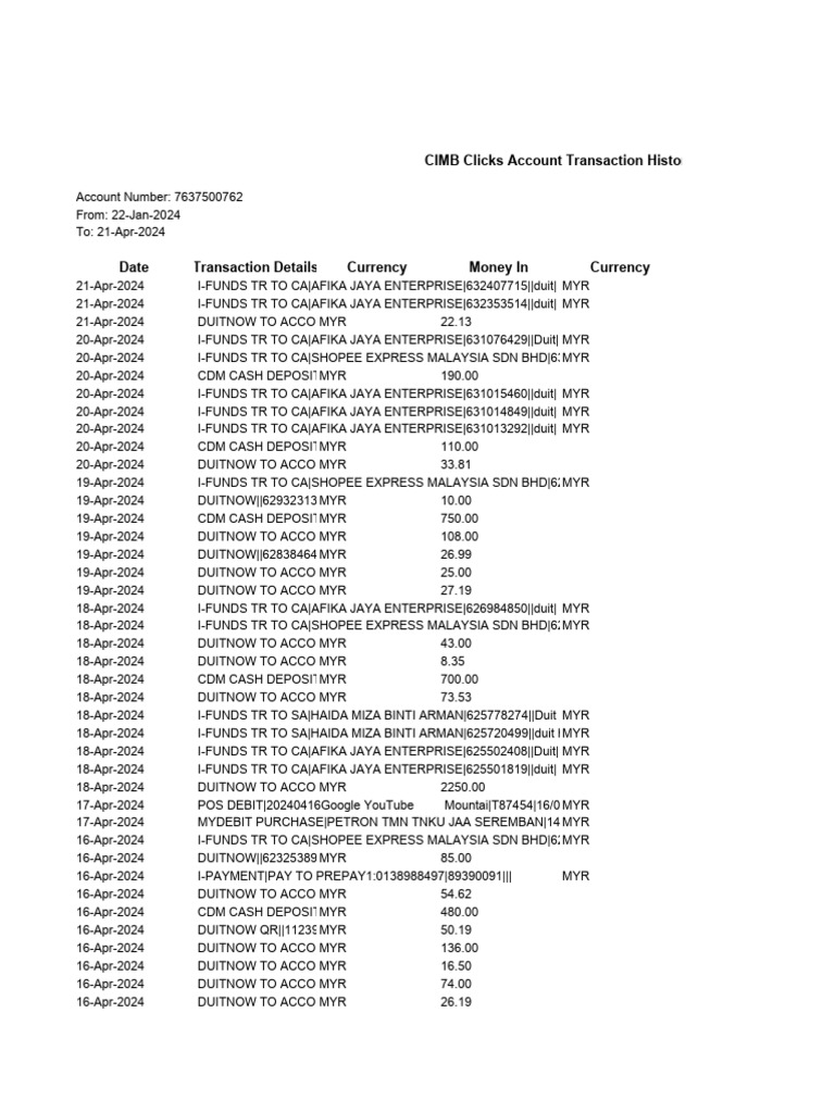 CIMB Clicks Account Transaction History | PDF | Services (Economics ...