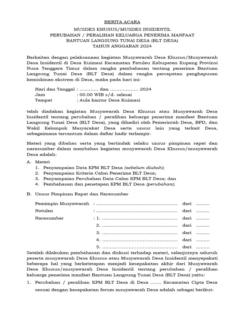 Berita Acara Musdesus Perubahan KPM BLT 2024 | PDF