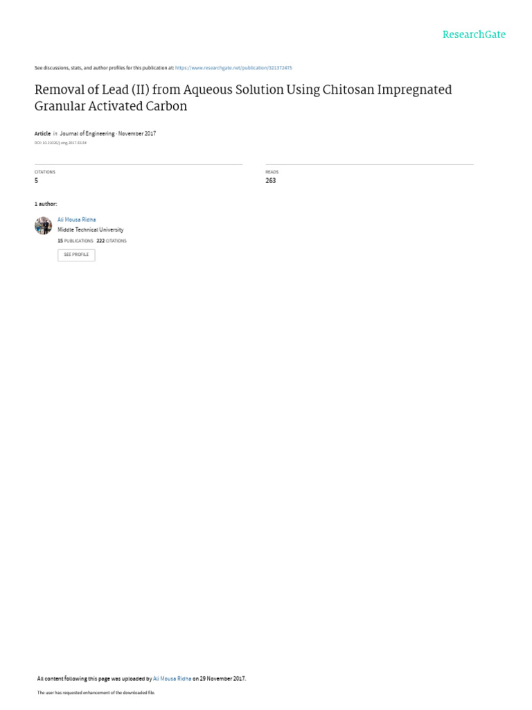 Removal of Lead (II) From Aqueous Solution Using Chitosan Impregnated ... Removal of Lead (II) From Aqueous Solution Using Chitosan Impregnated ...