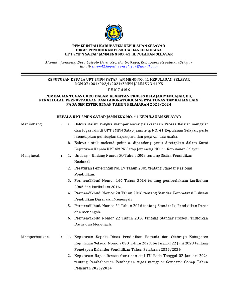 SK Pembagian Tugas Genap 2023-2024 | PDF