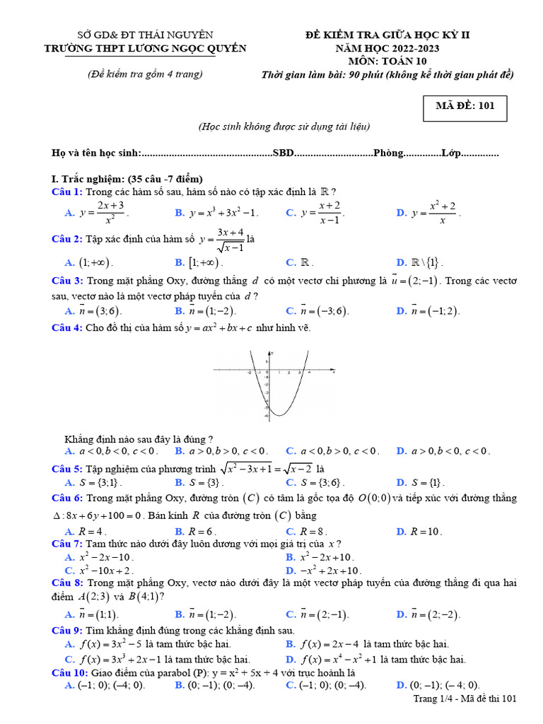 De Giua Ky 2 Toan 10 Nam 2022 2023 THPT Luong Ngoc Quyen Thai Nguyen | PDF