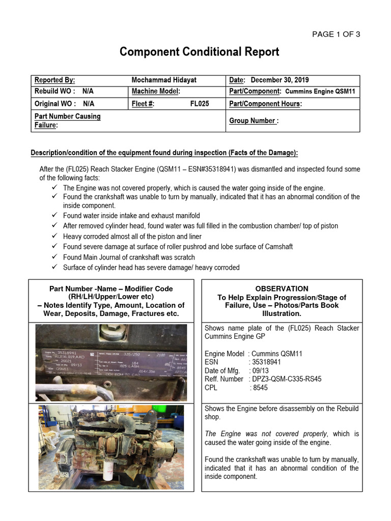 Conditional Report - Cummins Engine GP QSM11 (ex-FL025 Reach Stacker ...