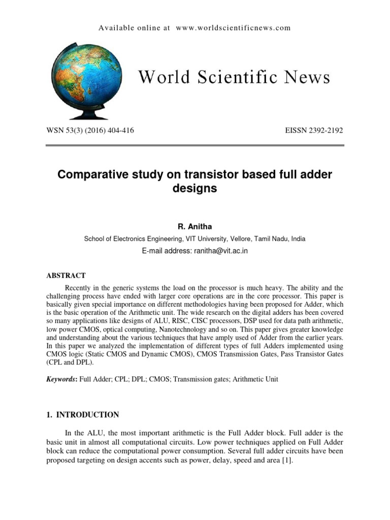 Comparative Study On Transistor Based Full Adder Designs: R. Anitha | PDF | Cmos | Logic Gate