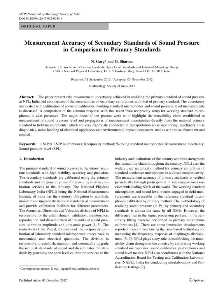 Measurement Accuracy of Secondary Standards of Sound Pressure in Comparison To Primary Standards ...