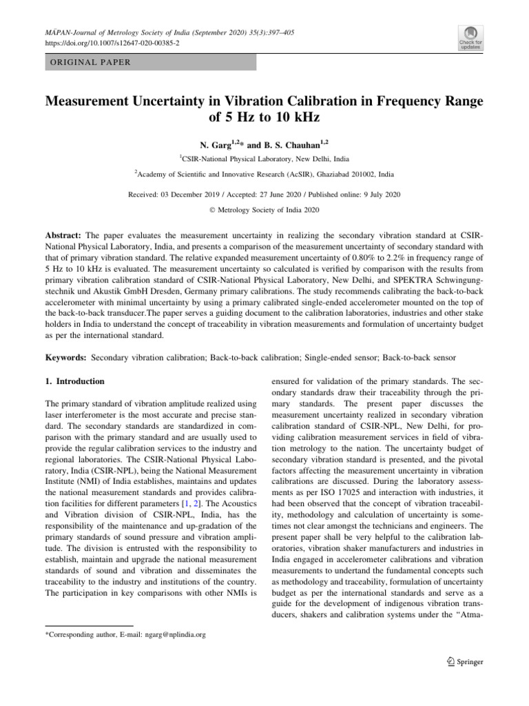 Measurement Uncertainty in Vibration Calibration in Frequency Range of 5 HZ To 10 KHZ | Download ...