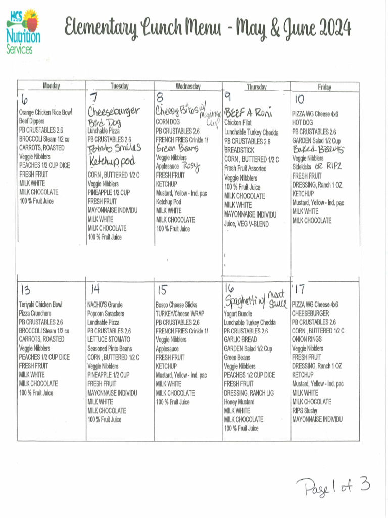 Elementary Lunch May June 2024 | PDF