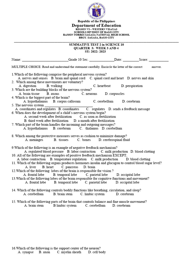 Q3 Summative Test 2 Science 10 | PDF | Brain | Central Nervous System