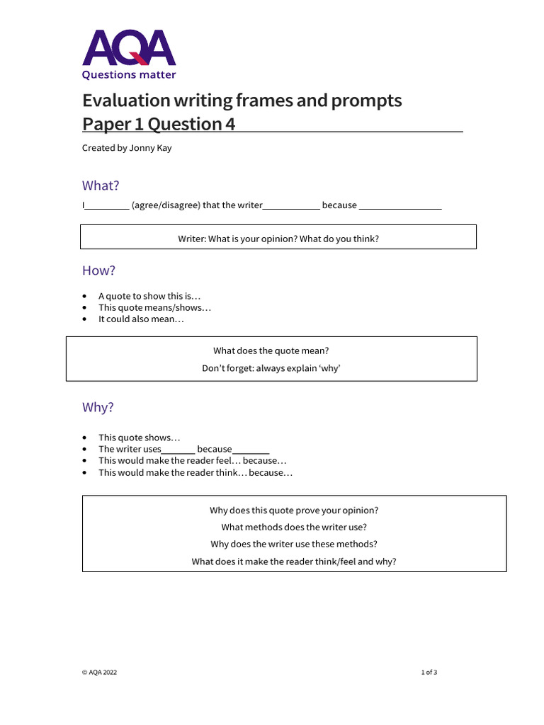 P1 Q4 Evaluation Writing Frames and Prompts v1.1 | PDF