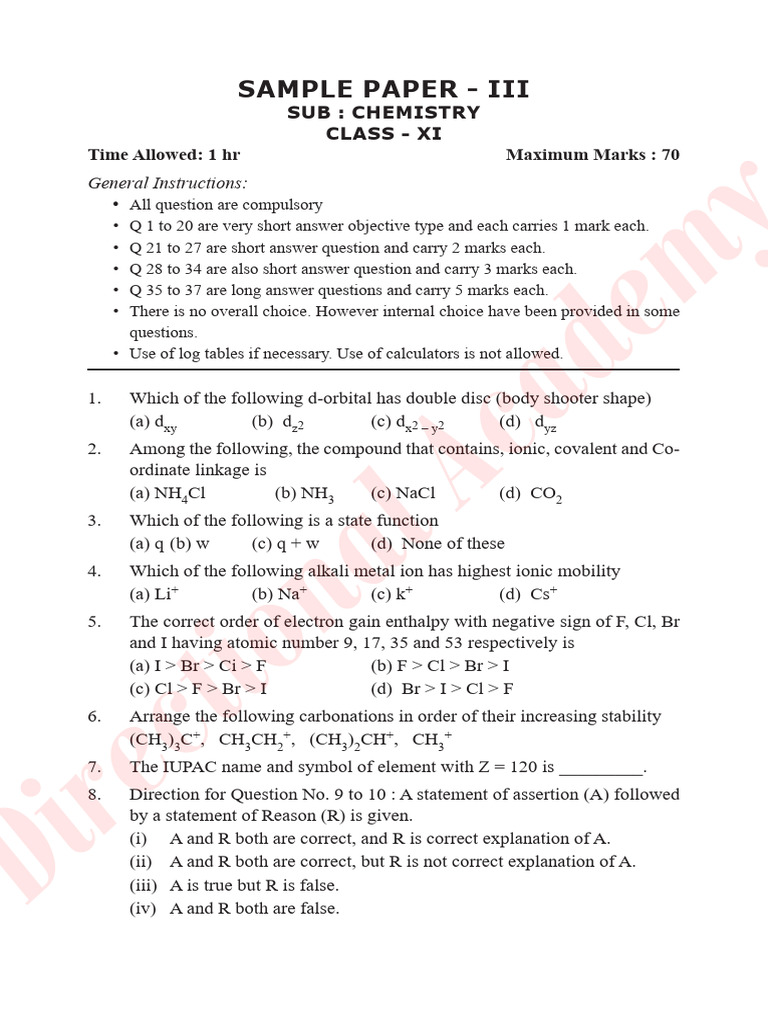 2021 Class 11 Chemistry Solved Sample Paper Set 1 | PDF | Ionic Bonding | Redox