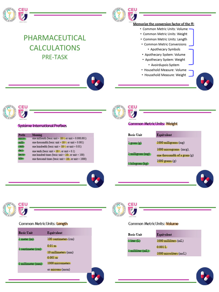 Pharmaceutical Calculations: Pre-Task | PDF | Ounce | Pound (Mass)