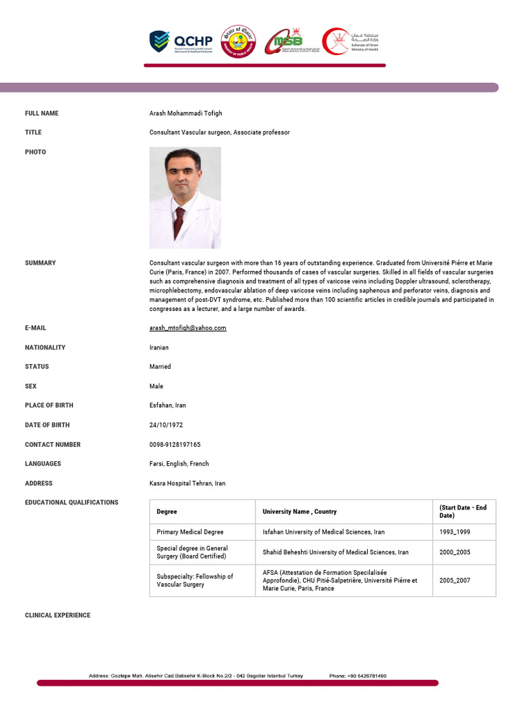 Resume - Arash Mohammadi Tofigh | PDF | Patient | Clinical Medicine