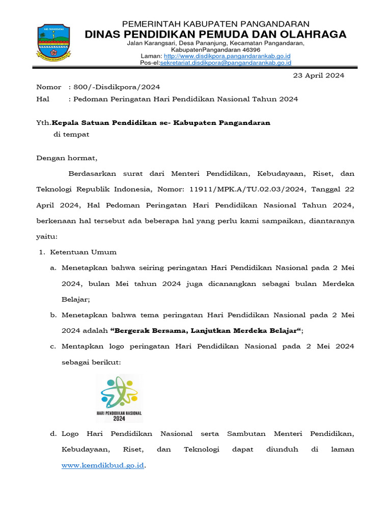 Pedoman Peringatan Hari Pendidikan Nasional Tahun 2024 | PDF