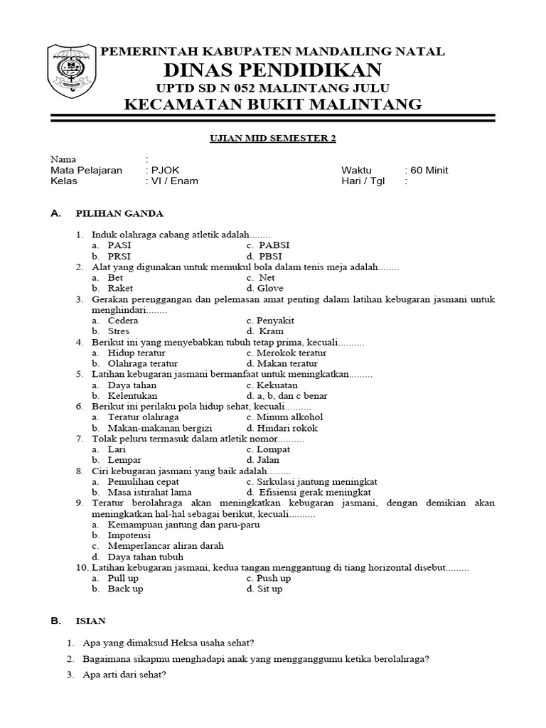 Soal Mid Pjok Semester 2 Kelas 6 | PDF