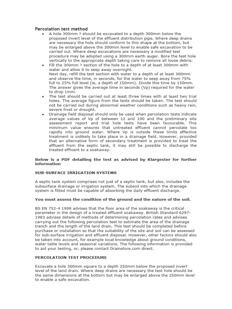 Percolation Test Method | PDF | Drainage | Septic Tank