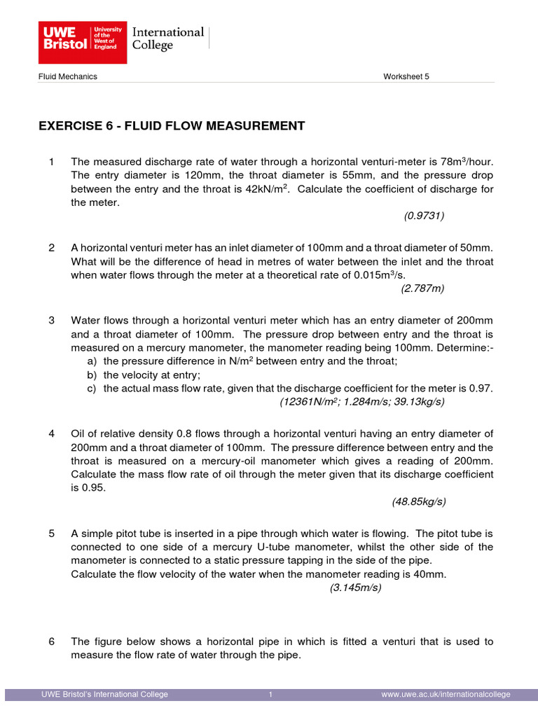 Fluid Mechanics Worksheet 5 | PDF | Flow Measurement | Pressure Measurement