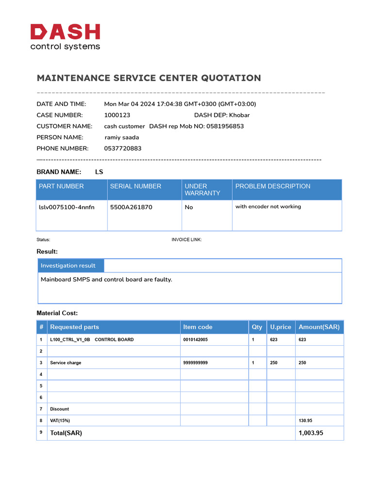Maintenance Service Center Quotation: Part Number Serial Number Under ...