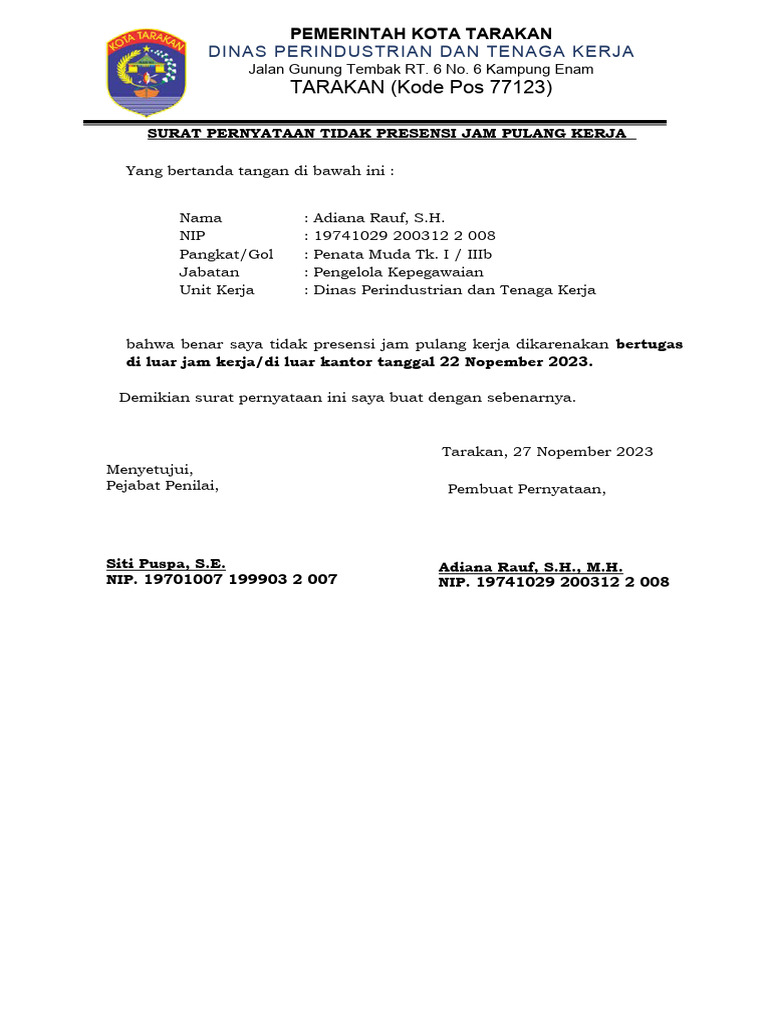 Surat Pernyataan Tidak Presensi EDIT | PDF