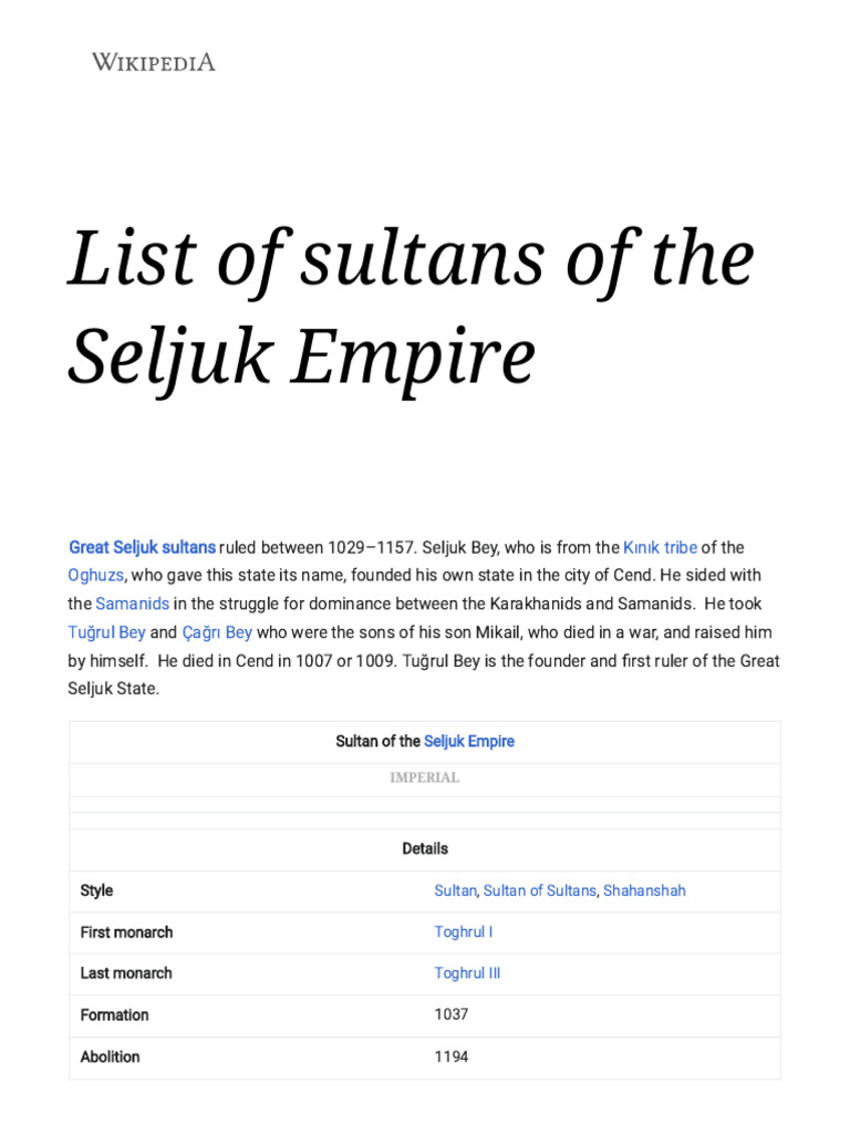List of Sultans of The Seljuk Empire - Wikipedia | PDF