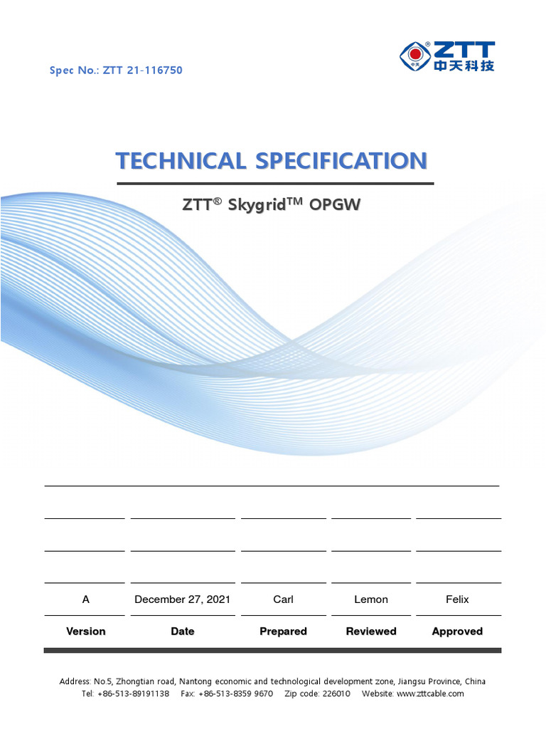 ZTT OPGW 21-116750 Datasheet | PDF | Optical Fiber | Physical Sciences