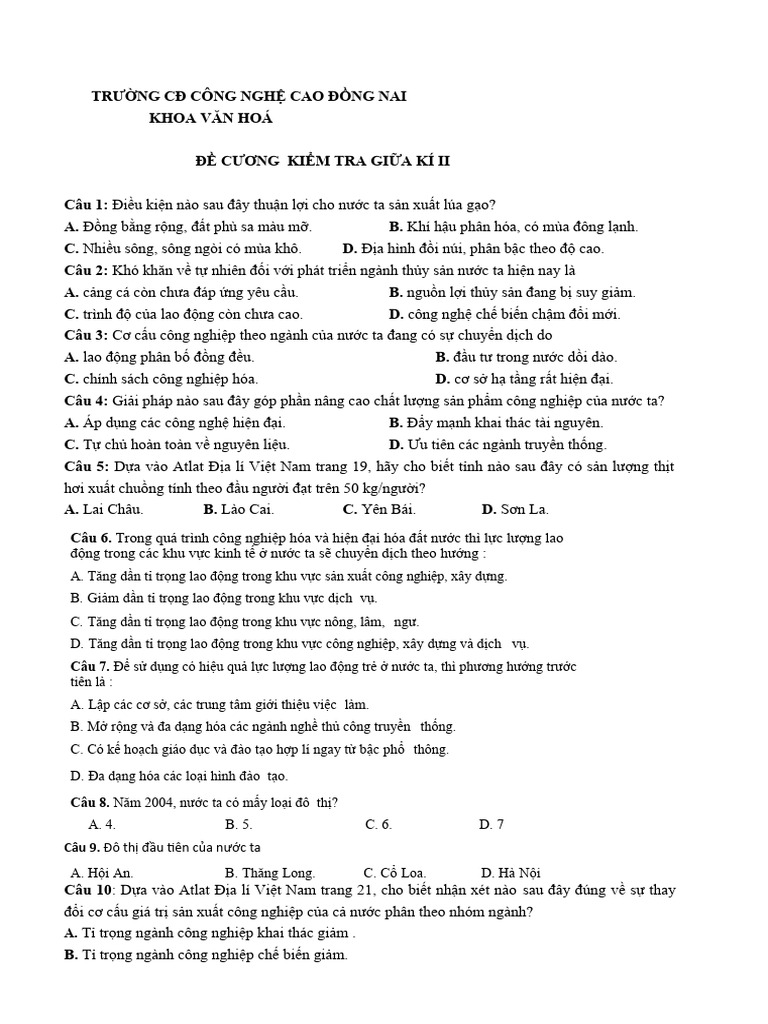 De Cuong Kiem Tra Giua Ki 2 - Dia Li 12 - Nghề - 2023-2024 | PDF