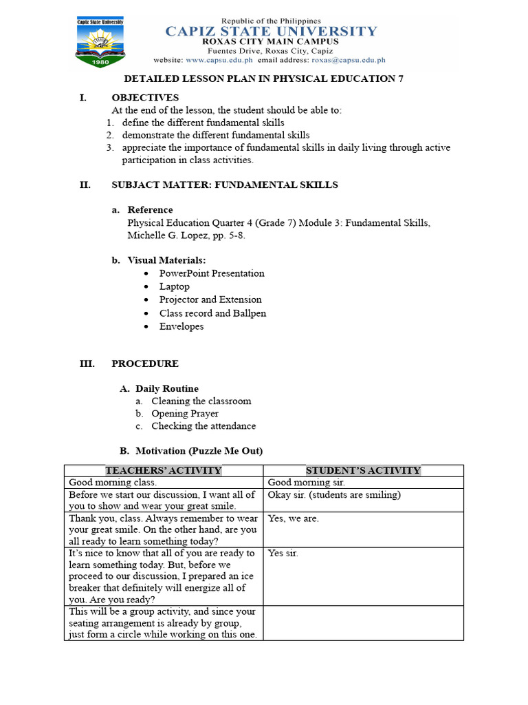 Grade 7 Physical Education Lesson Plan | PDF | Foot | Anatomical Terms ...