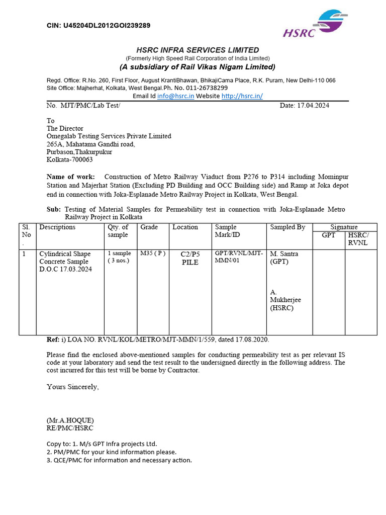 Metro Project Material Testing Request | PDF | Land Transport ...
