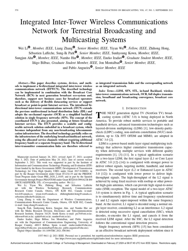 Integrated Inter Tower Wireless Communications Network For Terrestrial Broadcasting And