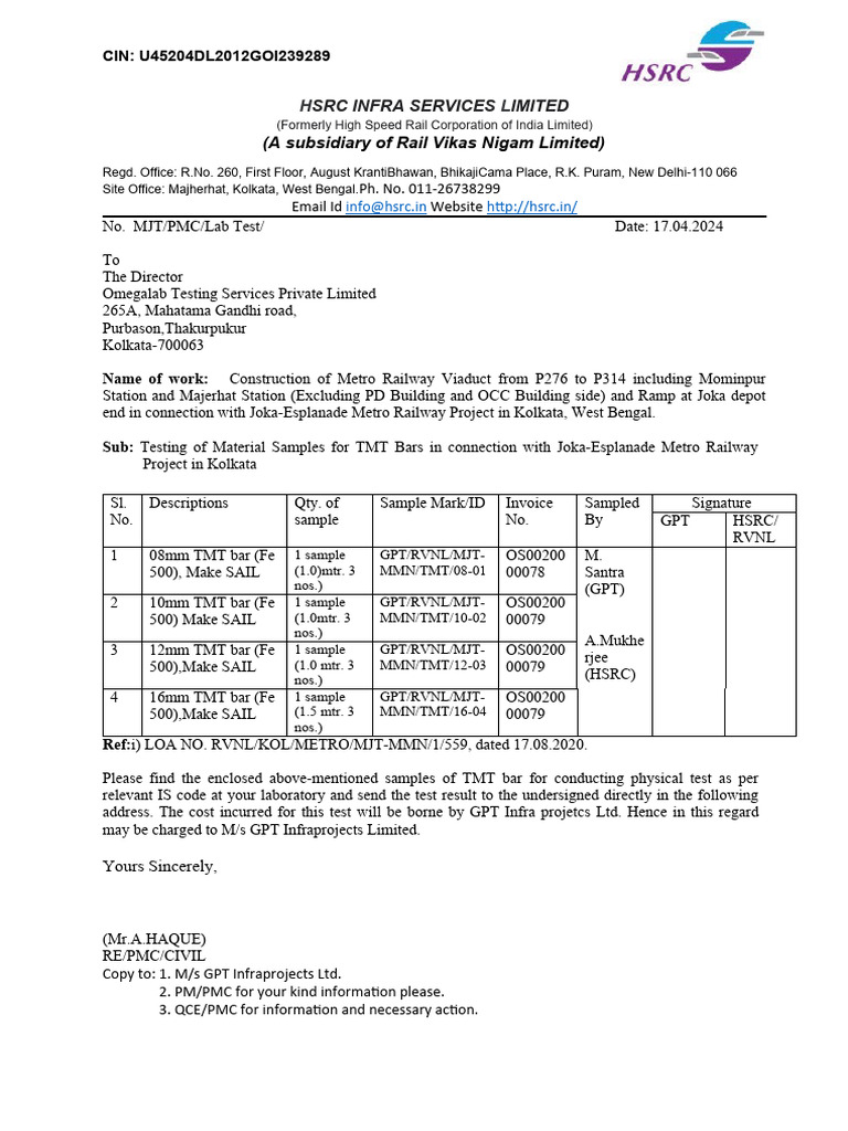 Letter For TMT Test 17.04.2024 | PDF | Transport Infrastructure ...