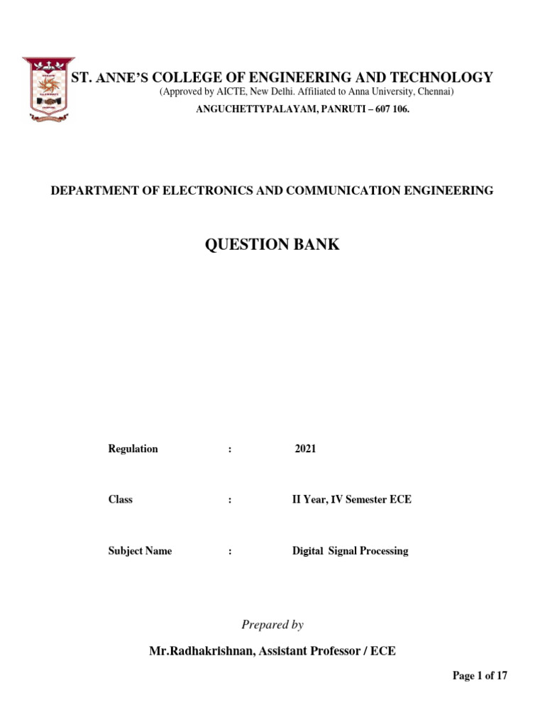 EC3492 - DIGITAL SIGNAL PROCESSING-923183941-question Bank DSP 21 Reg | PDF | Discrete Fourier ...
