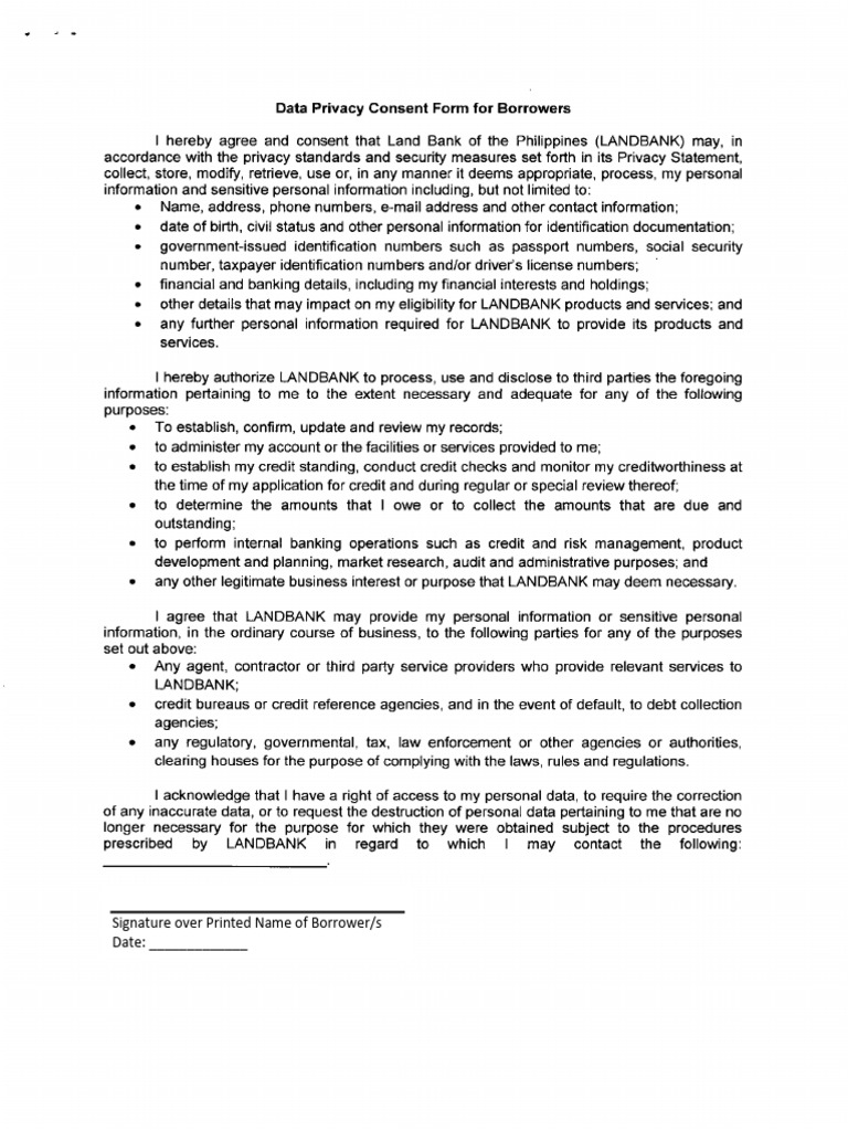 Data Privacy Consent Form For Borrowers | PDF