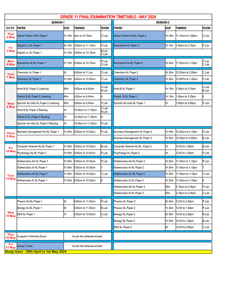 Grade 11 Exam Schedule May 2024 | PDF | Educational Assessment And ...