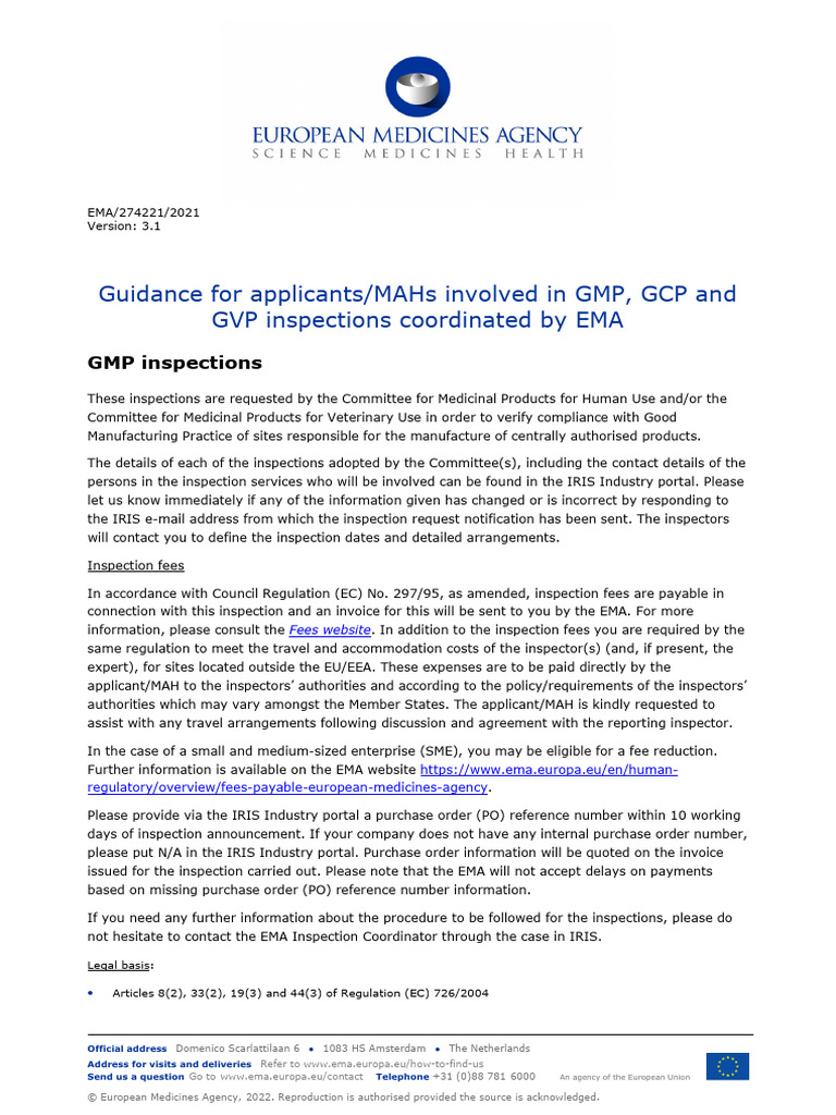 Guidance Applicantsmahs Involved GMP GCP and GVP Inspections ...
