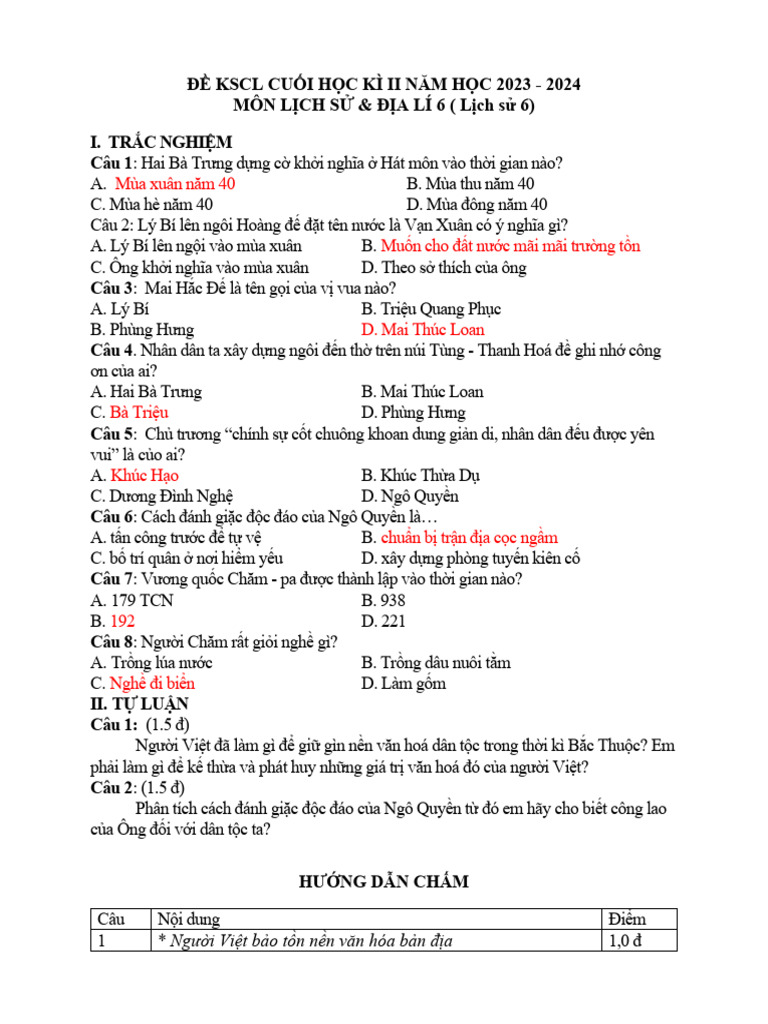 Đề sử 6 KSCL HKII | PDF