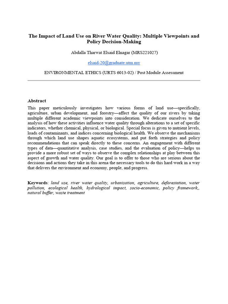 The Impact of Land Use On River Water Quality Multiple Viewpoints and ...