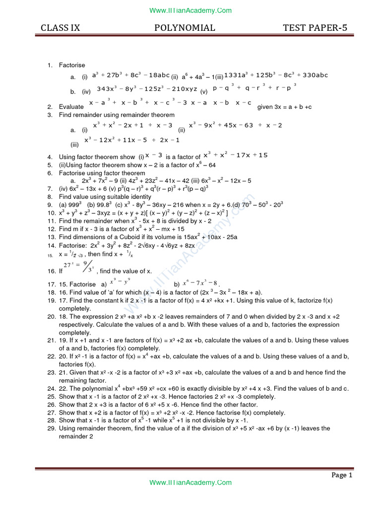 9th Polynomial Test Paper-5 | PDF | Factorization | Computational Science
