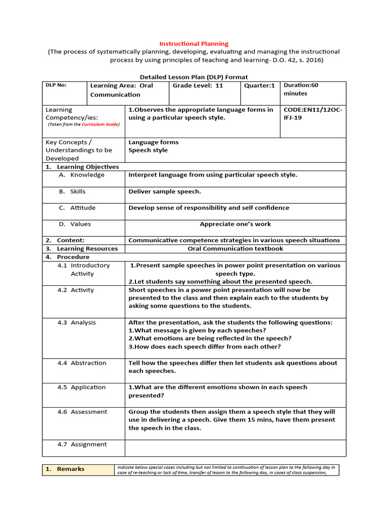 I Plan (DLP Format) Oral Com. | PDF | Learning | Speech