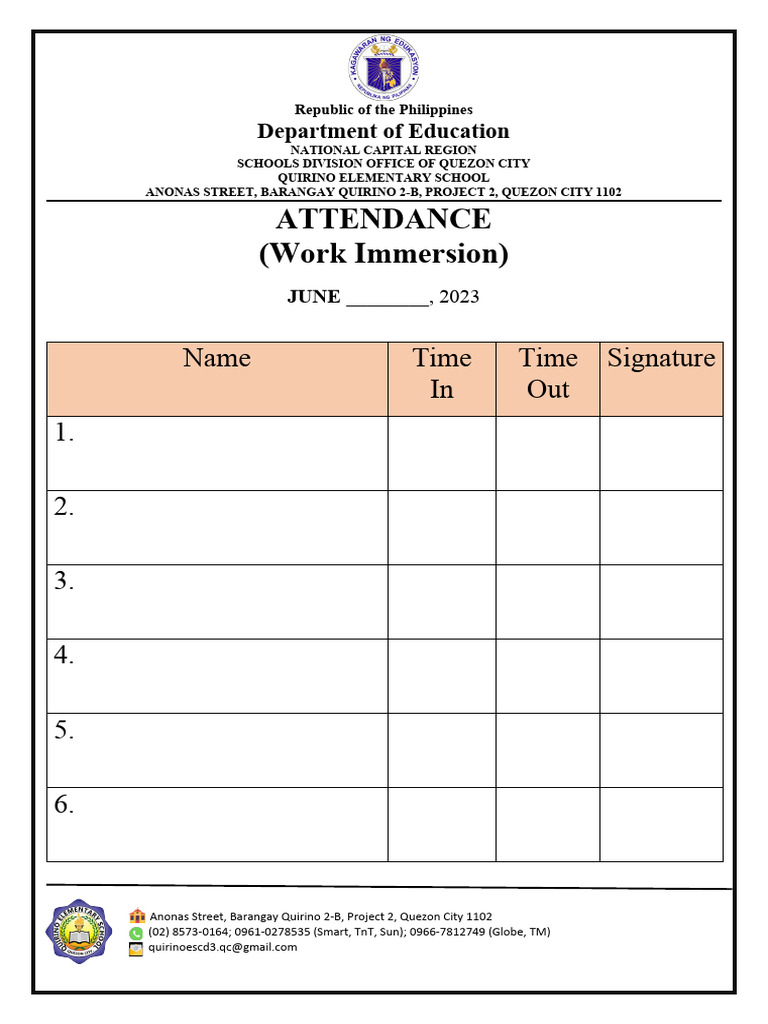 Attendance Sheet - Work Immersion | PDF