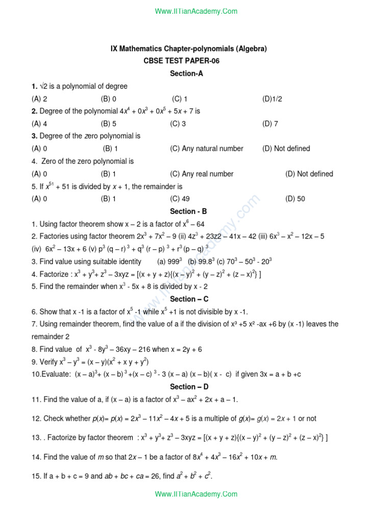 9th Polynomial Test Paper-8 | PDF | Polynomial | Mathematics