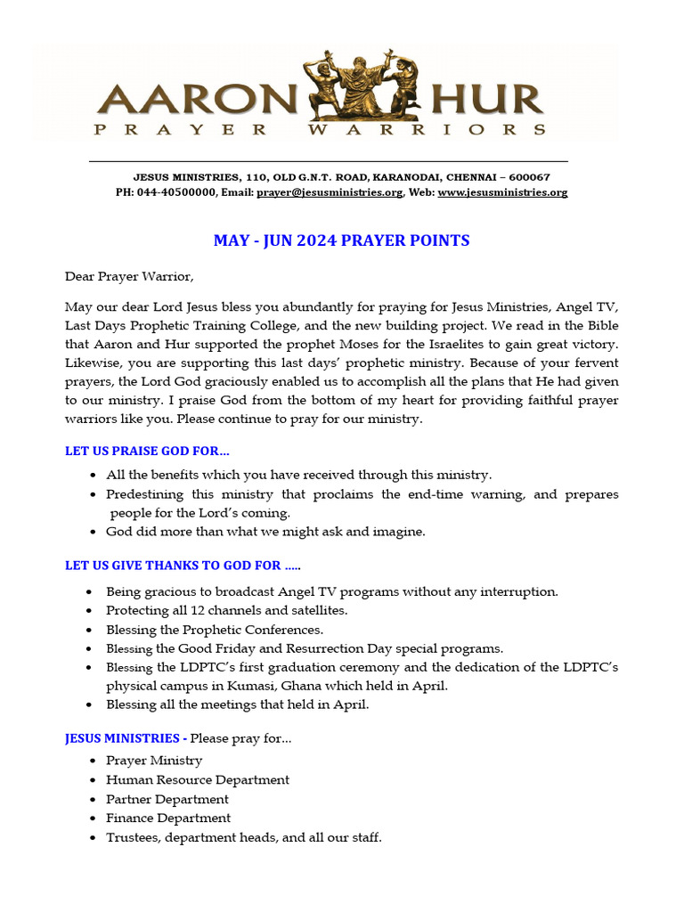 May-June 2024 Prayer Points | PDF | Prayer | Angel