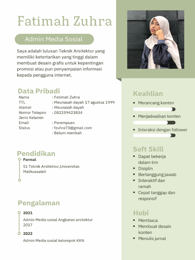 CV Sebagai Staff Admin. Fatimah Zuhra | PDF