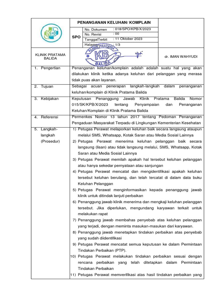 Spo Penanganan Keluhan Atau Komplain | PDF