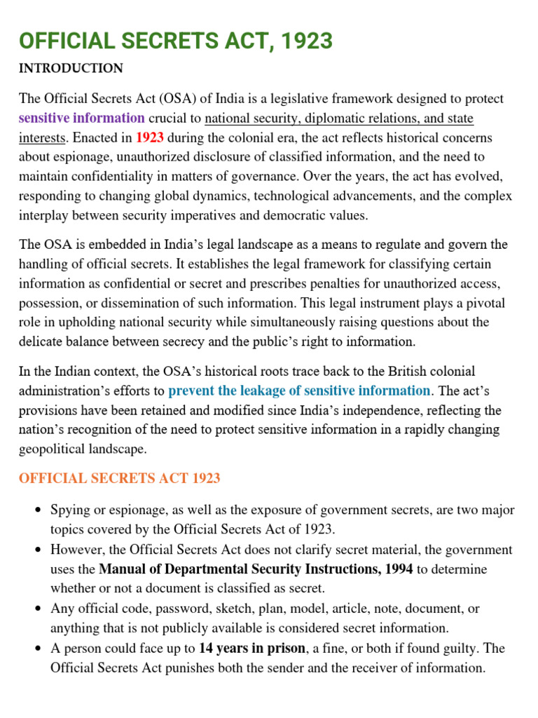The Official Secrets Act 1923 | PDF | Classified Information | Espionage