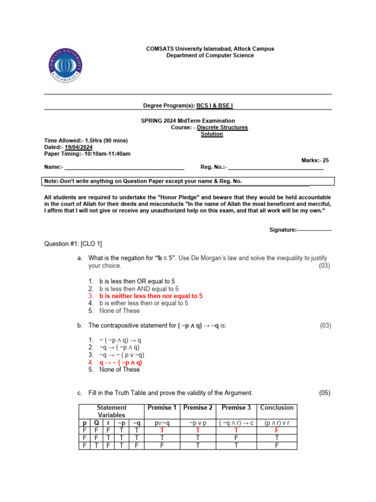 Discrete Structures Mid Exam SP 2024 Final Solution | PDF | Logic | Argument