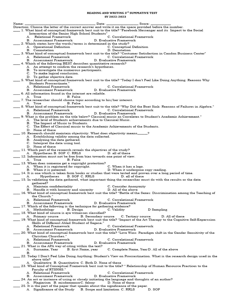 3rd QTR Summative Test | PDF | Evaluation | Hypothesis