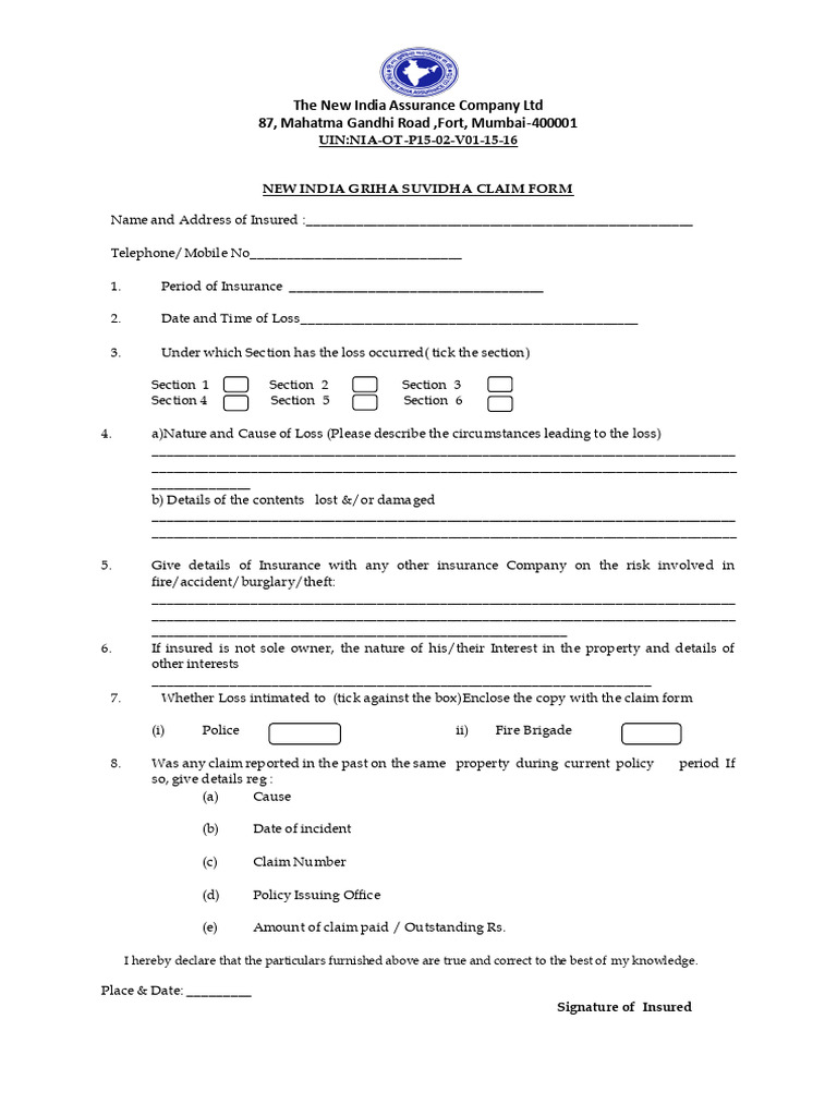 New India Griha Suvidha Claim Form | Download Free PDF | Insurance | Risk
