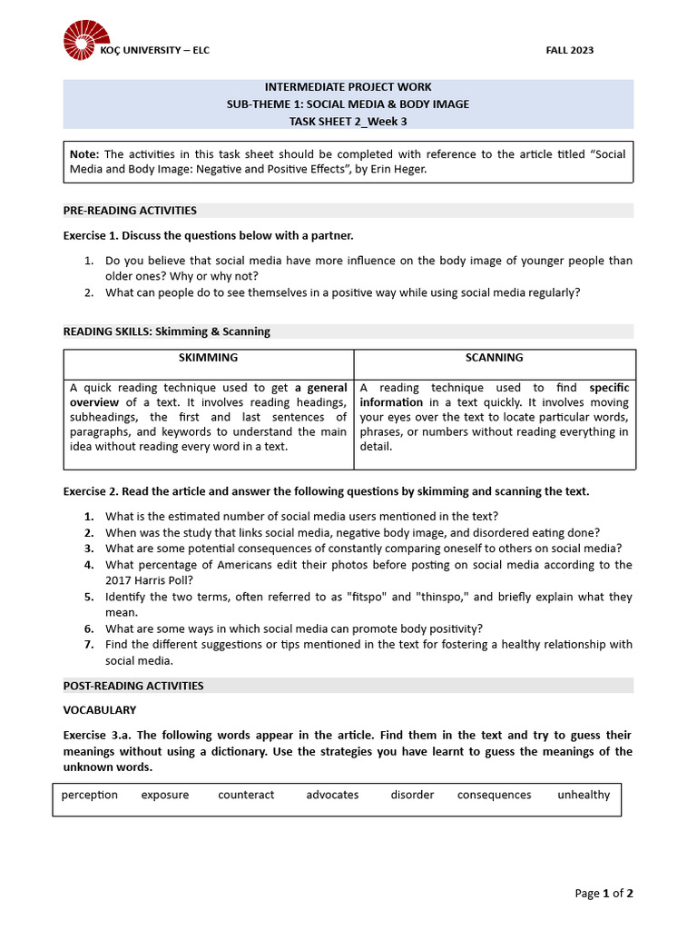 Sub-Theme 1-Social Media & Body Image - Task Sheet 2 | Download Free ...